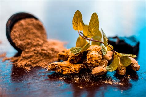 원시 유기농 경화 또는 악마의 똥 나무 표면에 일부 말린 생강과 일부 민트 잎과 함께 진흙 그릇에 거대한 회향의 분말과 함께