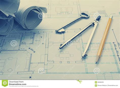 Architect Worplace Top View Architectural Project Blueprints Blueprint Rolls And Divider