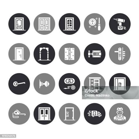 문 설치 수리 평면 문양 벡터 아이콘입니다 다양 한 문 유형 핸들 래치 자물쇠 경첩 집 장식 상점 허드 렛 일꾼 서비스에 대 한