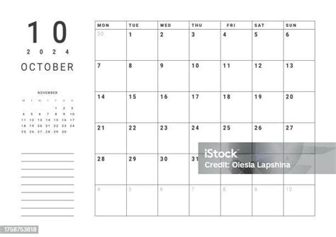 월간 페이지 메모가 있는 2024년 10월 달력 플래너 템플릿 인쇄를 위해 월요일부터 시작하는 주가 있는 간단한 달력의 벡터 레이아웃입니다 A4 또는 21x297 Cm 크기