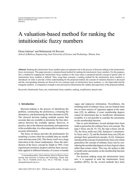 Pdf A Valuation Based Method For Ranking The Intuitionistic Fuzzy Numbers