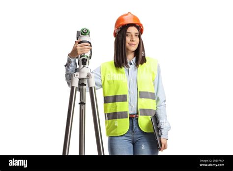 Female Geodetic Surveyor With A Measuring Device Isolated On White Background Stock Photo Alamy