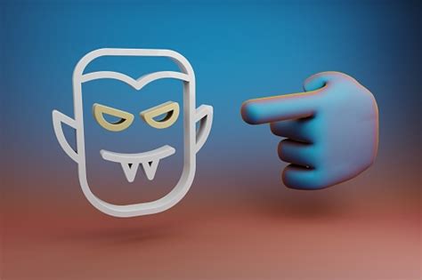 아름다운 삽화 추상 손 검지 손가락은 여러 가지 밝은 배경에 할로윈 뱀파이어 기호 아이콘을 가리킵니다 3d 렌더링 그림입니다 디자인을 위한 배경 패턴입니다 10월에 대한