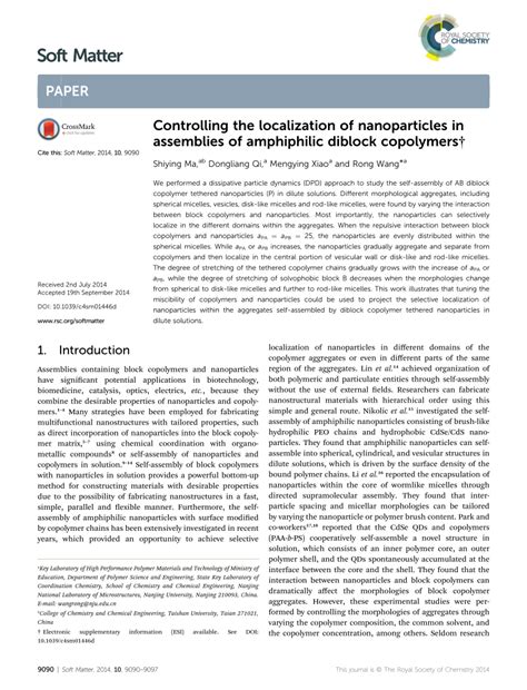 Pdf Controlling The Localization Of Nanoparticles In Assemblies Of Amphiphilic Diblock Copolymers