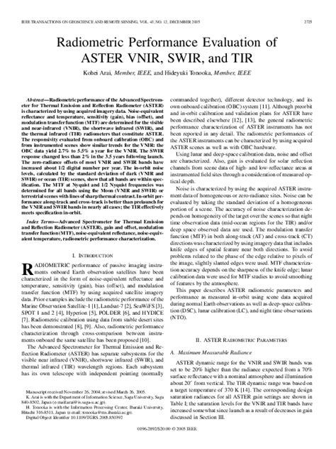 Pdf Radiometric Performance Evaluation Of Aster Vnir Swir And Tir