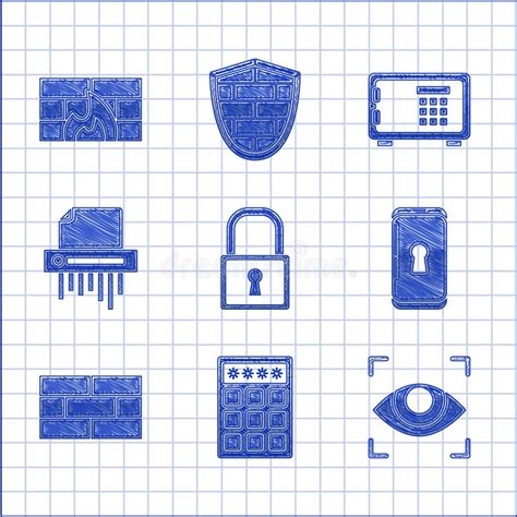 Set Lock Password Protection And Safety Access Eye Scan Smartphone With Lock Bricks Paper