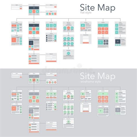 Site Map For Website Design Flat And Wireframe Concept