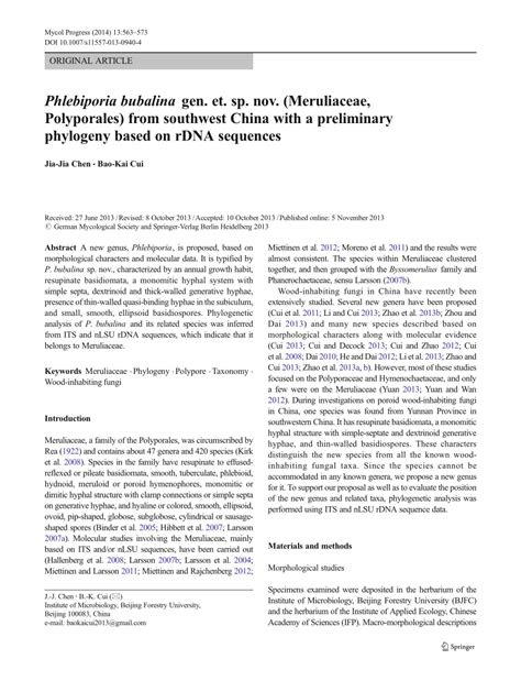 Pdf Phlebiporia Bubalina Gen Et Sp Nov Meruliaceae Polyporales From Southwest China With