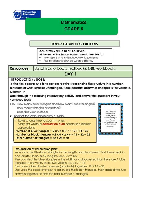 Lesson Plan Get Ip Grade 5 Mathematics Term 2 Week 6 Resources Sasol