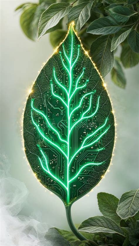 A Vibrant Green Leaf Glowing With Intricate Circuitry Patterns Surrounded By Lush Foliage And