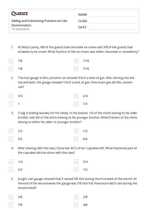 50 Subtracting Fractions With Like Denominators Worksheets For 3rd Year On Quizizz Free