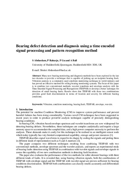 pdf bearing defect detection and diagnosis using a time encoded