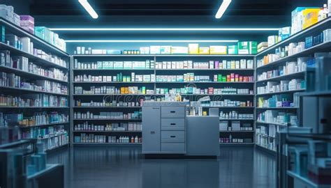 Pharmacy Interior With Organized Shelves Filled With Medical Products