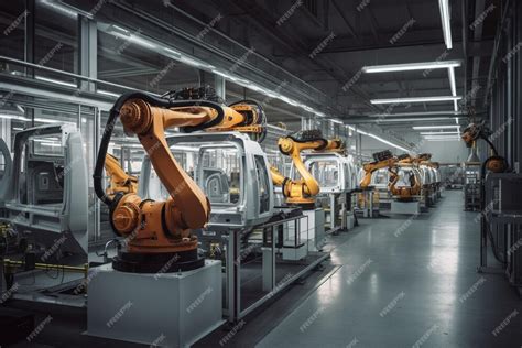 Premium Ai Image Automated Robot Arm Assembly Line Producing High Tech Electric Vehicles