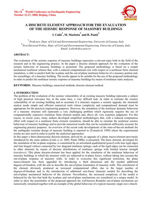 Pdf A Discrete Element Approach For The Evaluation Of Seismic