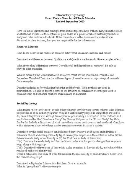 Intro Psych All Exam Topics Cumulative Review Sheet Fall Introductory Psychology Exam