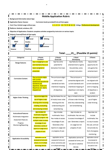 Mobile App Rubric Updated Seesaw Pdf Mobile App Curriculum