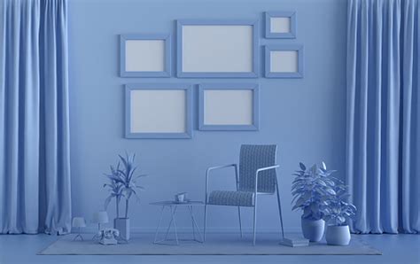 단단한 플랫 파스텔 라이트 블루 컬러의 6 프레임벽 모형 가구와 식물이있는 흑백 인테리어 현대적인 거실 3d 렌더링 0명에 대한 스톡 사진 및 기타 이미지 Istock