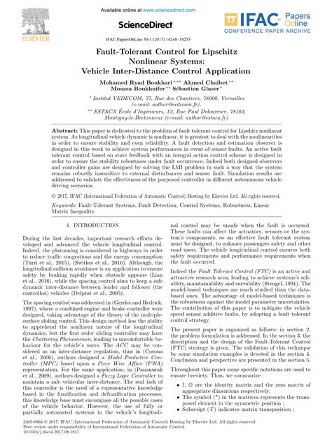 Pdf Fault Tolerant Control For Lipschitz Nonlinear Systems Vehicle Inter Distance Control