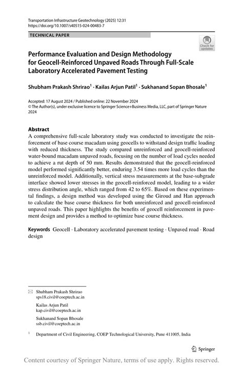 Performance Evaluation And Design Methodology For Geocell Reinforced Unpaved Roads Through Full