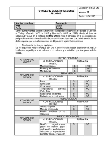 Formulario De Identificación De Peligros Pdf Ciencias Fisicas