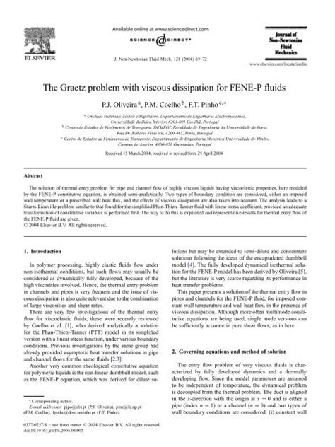 The Graetz Problem With Viscous Dissipation For Fene P Fluids Ubi