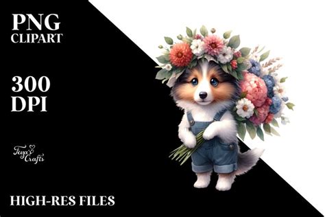 Cute Collie Flower Bouquet Clipart