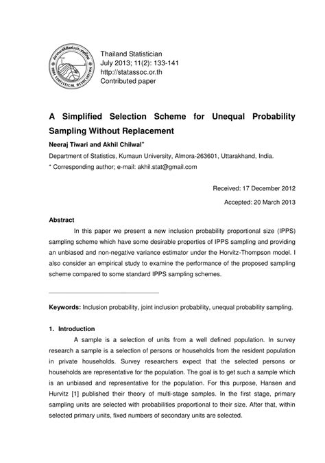 PDF A Simplified Selection Scheme For Unequal Probability Sampling Without Replacement