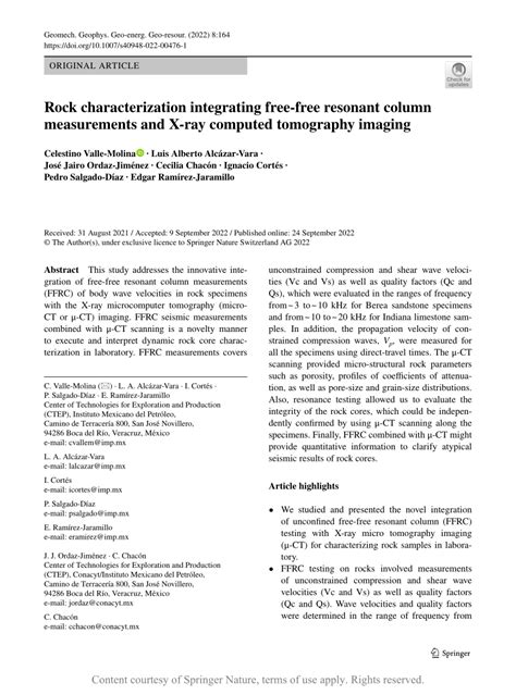 Rock Characterization Integrating Free Free Resonant Column Measurements And X Ray Computed