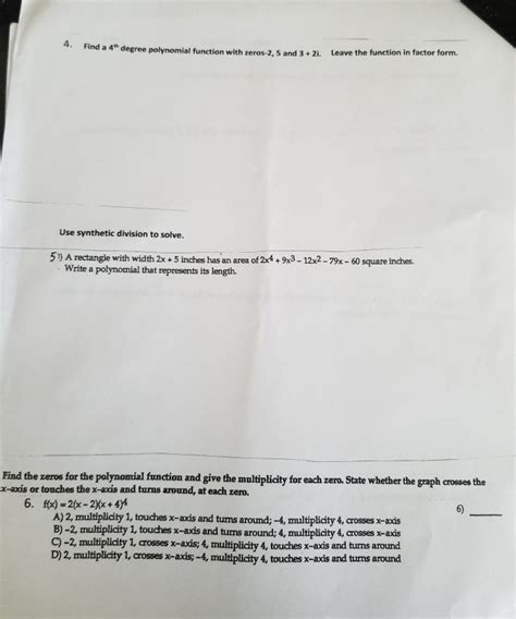 Solved 4 Find A 4th Degree Polynomial Function With Zer