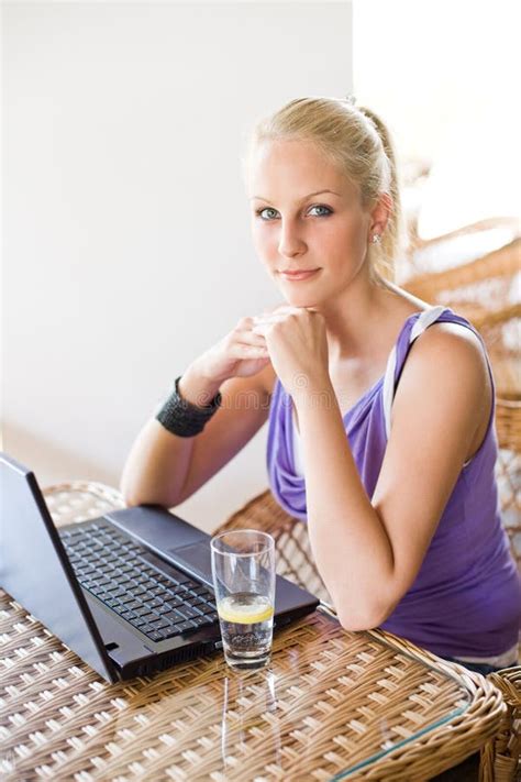 Gorgoeus Young Blonde Having Fun With Laptop Stock Image Image Of