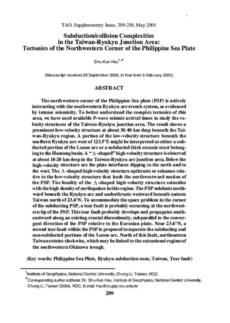 Pdf Subductioncollision Complexities In The Taiwan Ryukyu Junction Area Tectonics Of The