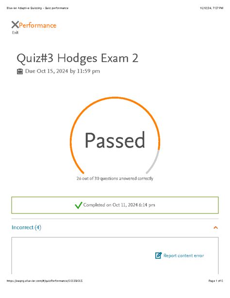 Elsevier Adaptive Quizzing Quiz Performance Exit Performance Quiz3 Hodges Exam 2