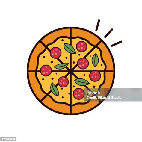 맛있는 페퍼로니 치즈 피자 플랫 로고 아이콘 스티커 패스트 푸드 기호입니다 피자 만들기 주문 및 배달 서비스 개념에 대한 스톡 벡터 아트 및 기타 이미지 Istock