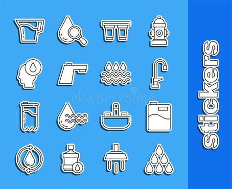 Set Line Water Drop Big Bottle With Clean Water Tap Filter Jug Glass And Wave Icon Vector