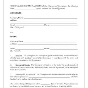 Consignment Contract Template Retail Product Consignment Agreement Consignment Shop Forms