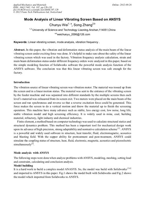 Mode Analysis Of Linear Vibrating Screen Based On Ansys Scientific Net