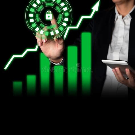 Woman In Black Office Suit Standing And Pressing Virtual Button With