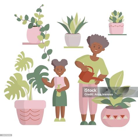 아프리카 계 미국인 여자와 그녀의 하루 급수 집 식물 벡터 만화 평면 일러스트 꽃 식물에 대한 스톡 벡터 아트 및 기타 이미지 꽃 식물 일러스트레이션 정원 Istock