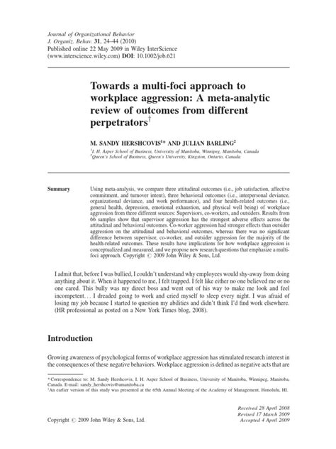 Hershcovis2009 Towards A Multi Foci Approach To Workplace Aggression A Meta Analytic Review Of