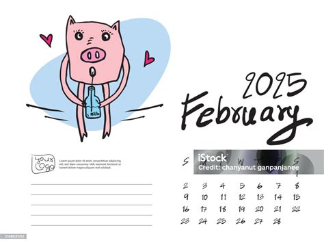 귀여운 돼지 벡터 일러스트 레이 션과 달력 2025 디자인 템플릿 2025 년 2 월 레터링 탁상 달력 2025 레이아웃 플래너 벽 달력 템플릿 돼지 만화 캐릭터 휴일