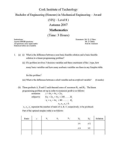 Basic Feasible Solution Mathematics Exam Docsity