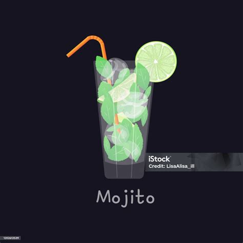 모히토 여름 해변은 소다수 라임 주스 민트 잎 설탕 얼음 럼주와 함께 유리에 열대 칵테일을 상쾌하게 검은 배경 벡터 일러스트레이션 빨대 라임 얼음 조각을 곁들인 모히토 0