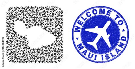 Vector Mosaic Maui Island Map Of Tourism Elements And Grunge Welcome Seal Collage Geographic