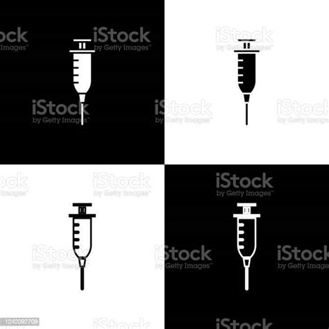 흑백 배경에 격리된 주사기 아이콘을 설정합니다 백신 예방 접종 주사 독감 예방 주사용 주사기 의료 장비 벡터 일러스트레이션 독감