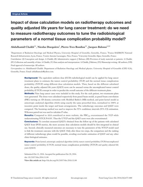 Pdf Impact Of Dose Calculation Models On Radiotherapy Outcomes And Quality Adjusted Life Years