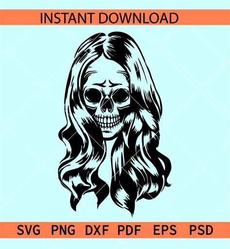 Halloween Skull Smiling Svg Smiling Girl Skull With Hair Svg Happy