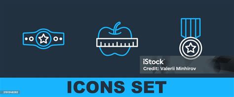 세트 라인 메달 권투 벨트 사과 및 측정 테이프 아이콘 벡터 Championship에 대한 스톡 벡터 아트 및 기타 이미지 Championship 개념 건강한 생활