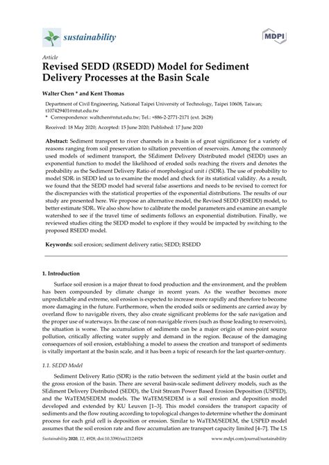 Pdf Revised Sedd Rsedd Model For Sediment Delivery Processes At The