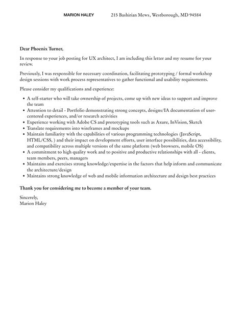 UX Architect Cover Letter Velvet Jobs